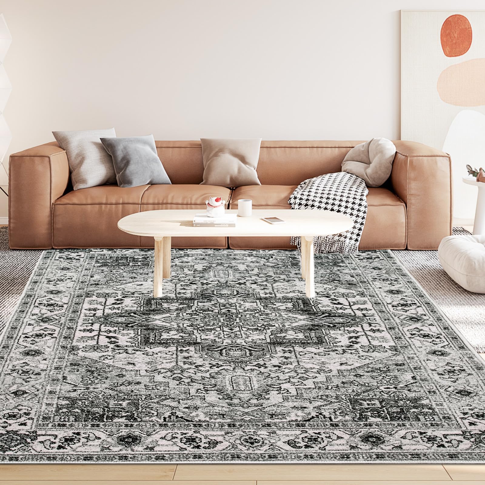 VFROO Area Rug 5x7 Living Room Rug Grey Vintage Washable Rug,Soft Non Slip Rug Low Pile Boho Printed Carpet, Retro Rug for Bedroom Dining Room Indoor