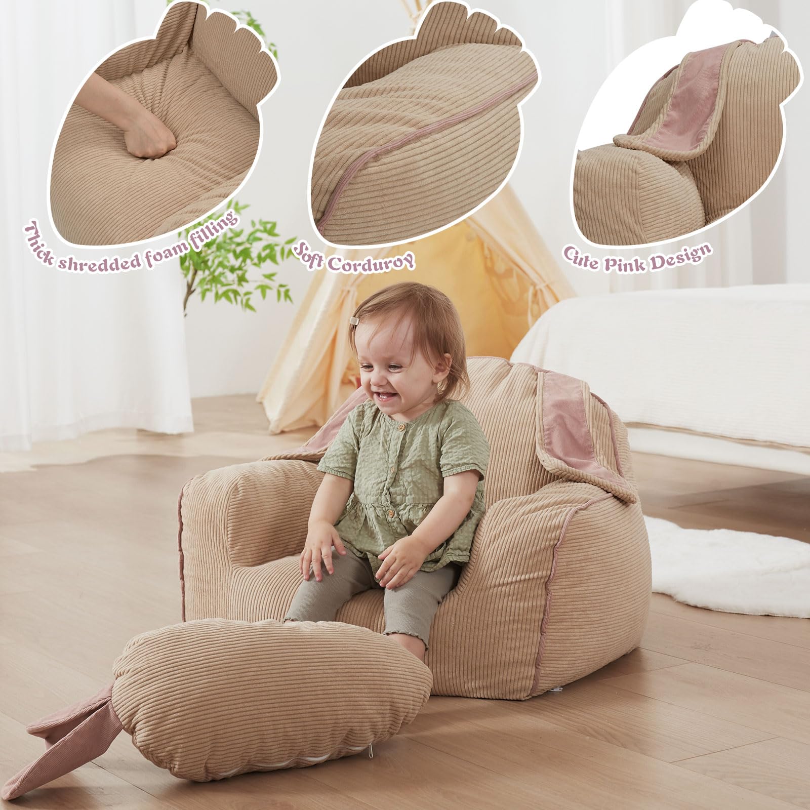 MOOZHEALTH Bunny Kids Sofa Toddler Chair,Toddler Bean Bag Chair with Carrot-Shaped Throw Pillow,Soft Corduroy Cover Comfy Toddler Chair for Reading and Napping, for Boys and Girls,Beige Bunny