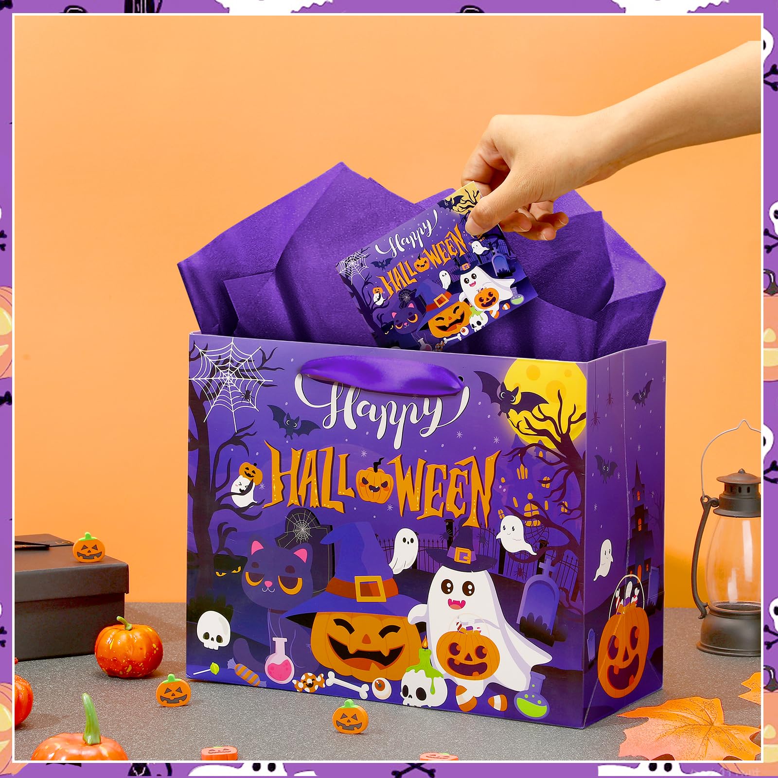 Large Halloween Party Gift Bag, Purple Halloween Paper Bags with Handle Halloween Tissue Paper Cute Pumpkin Skeleton Ghost Halloween Birthday Party Favors Decor for Trick or Treat Party Supplies