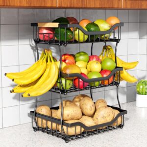 okzest 3-tier fruit basket for kitchen counter with banana hangers, wall hanging fruit basket and countertop organizer fruit bowl, fruit storage holder stand for potato onion snack bread fruit veggie