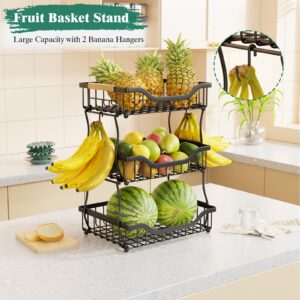 OKZEST 3-Tier Fruit Basket for Kitchen Counter with Banana Hangers, Wall Hanging Fruit Basket and Countertop Organizer Fruit Bowl, Fruit Storage Holder Stand for Potato Onion Snack Bread Fruit Veggie