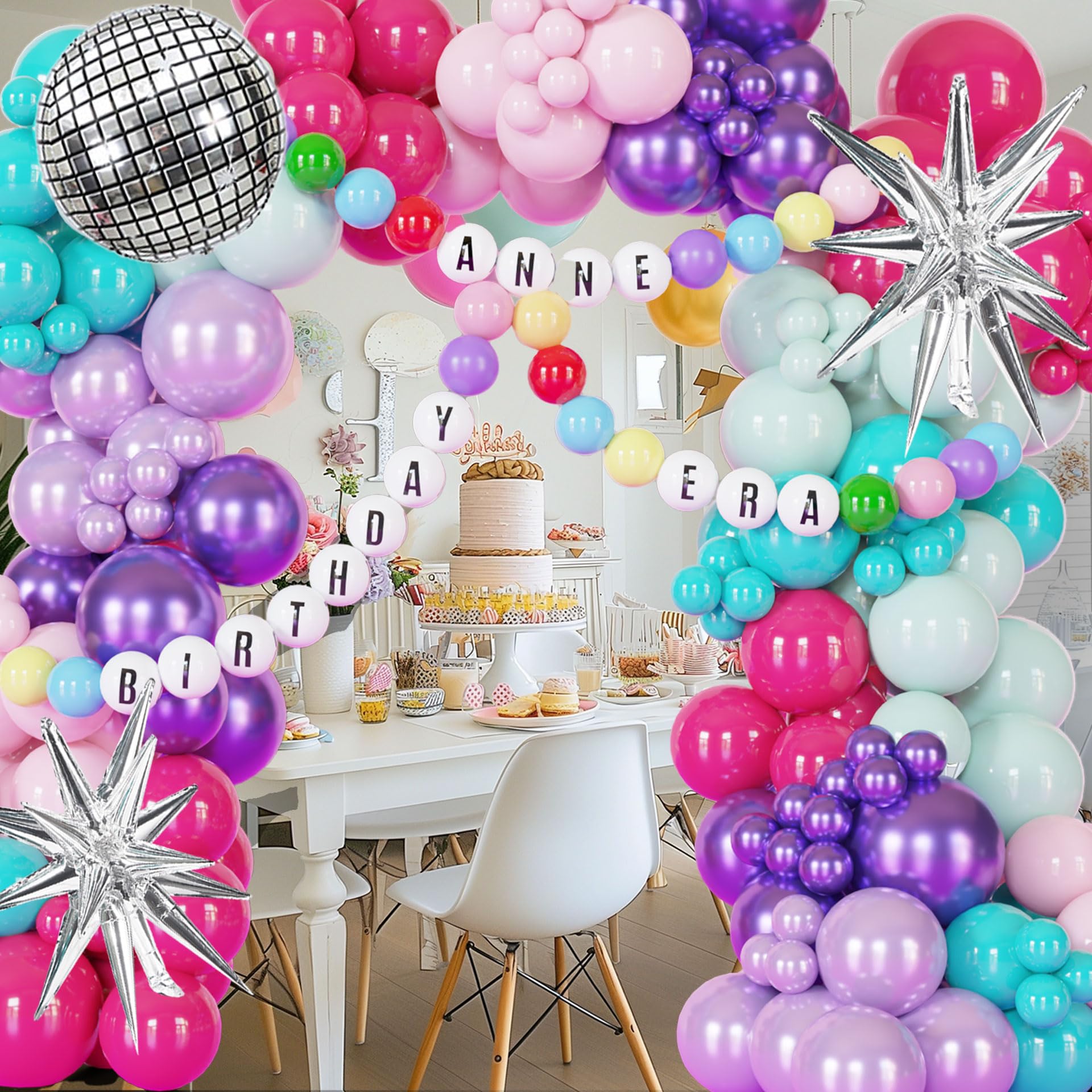 178pcs Pink Purple Blue Balloon Garland Disco Ball Custom Friendship Bracelet Banner Kits For Teenage Eras Party Decorations Music Fans Princess Themed Photo Backdrop Birthday,Bachelorette Tour Party