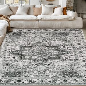 VFROO Area Rug 5x7 Living Room Rug Grey Vintage Washable Rug,Soft Non Slip Rug Low Pile Boho Printed Carpet, Retro Rug for Bedroom Dining Room Indoor