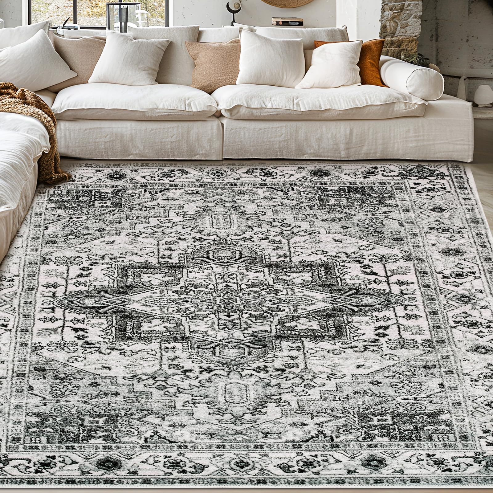 VFROO Area Rug 5x7 Living Room Rug Grey Vintage Washable Rug,Soft Non Slip Rug Low Pile Boho Printed Carpet, Retro Rug for Bedroom Dining Room Indoor