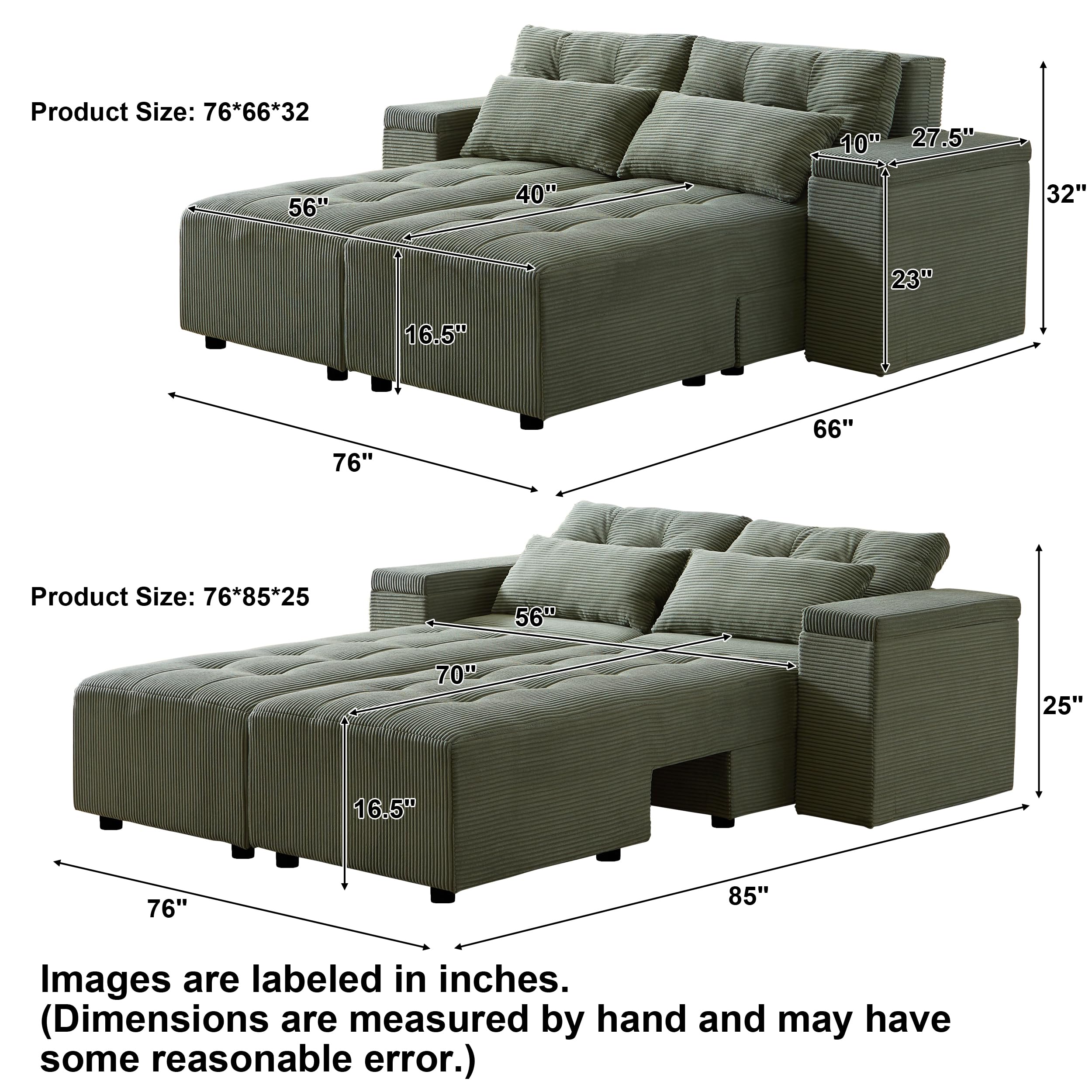 BUIORD 93.5" Convertible Oversize Corduroy 3 in 1 Sleeper & Sectional Sofa,L-Shaped Sofa with 4 Storage Space for Living Room,Pull-Out Sofa Bed with 4 Pillows (Green)