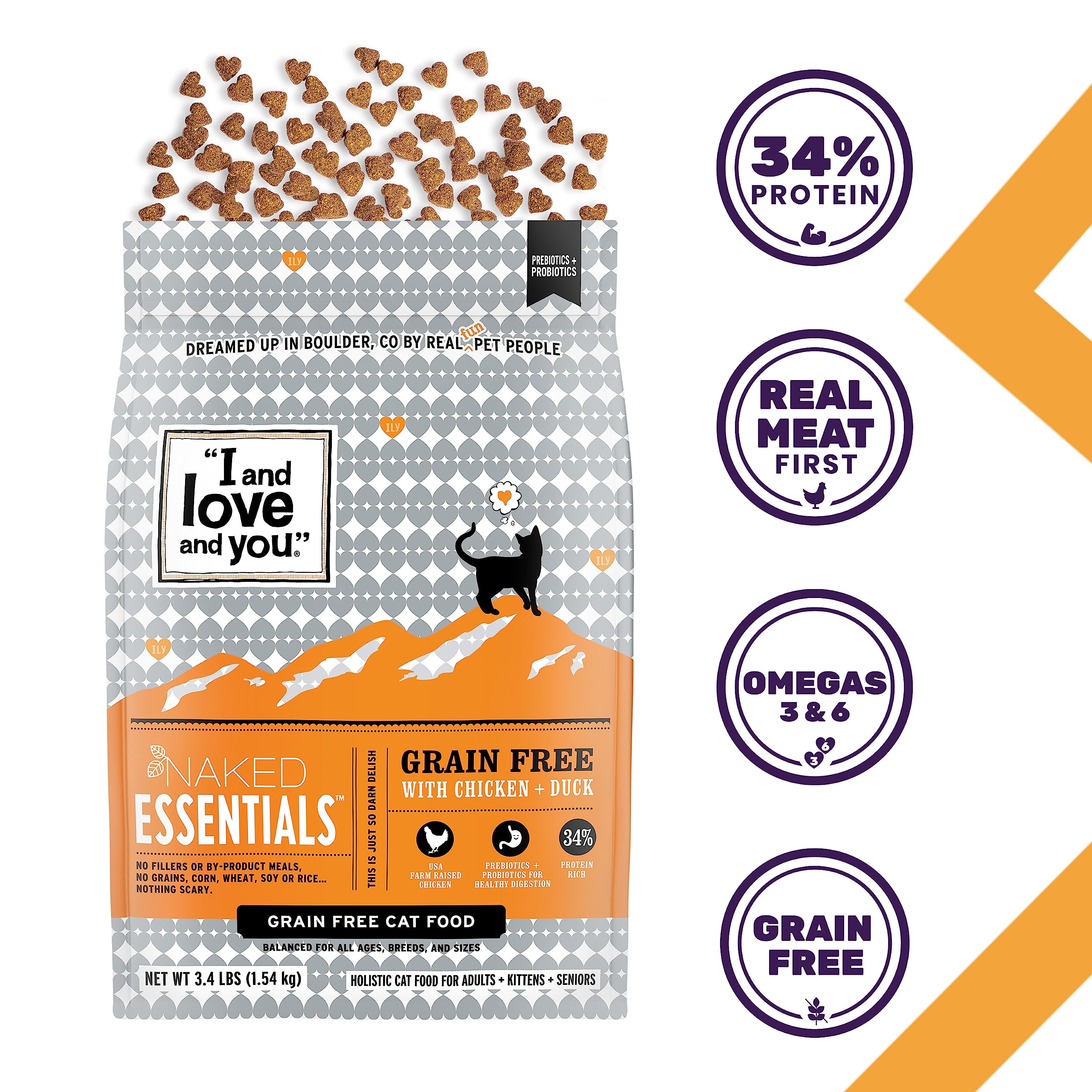 I AND LOVE AND YOU Naked Essentials Dry Cat Food - Chicken + Duck - Grain Free, Real Meat, No Fillers, Prebiotics + Probiotics, 3.4lb Bag (Pack of 2)