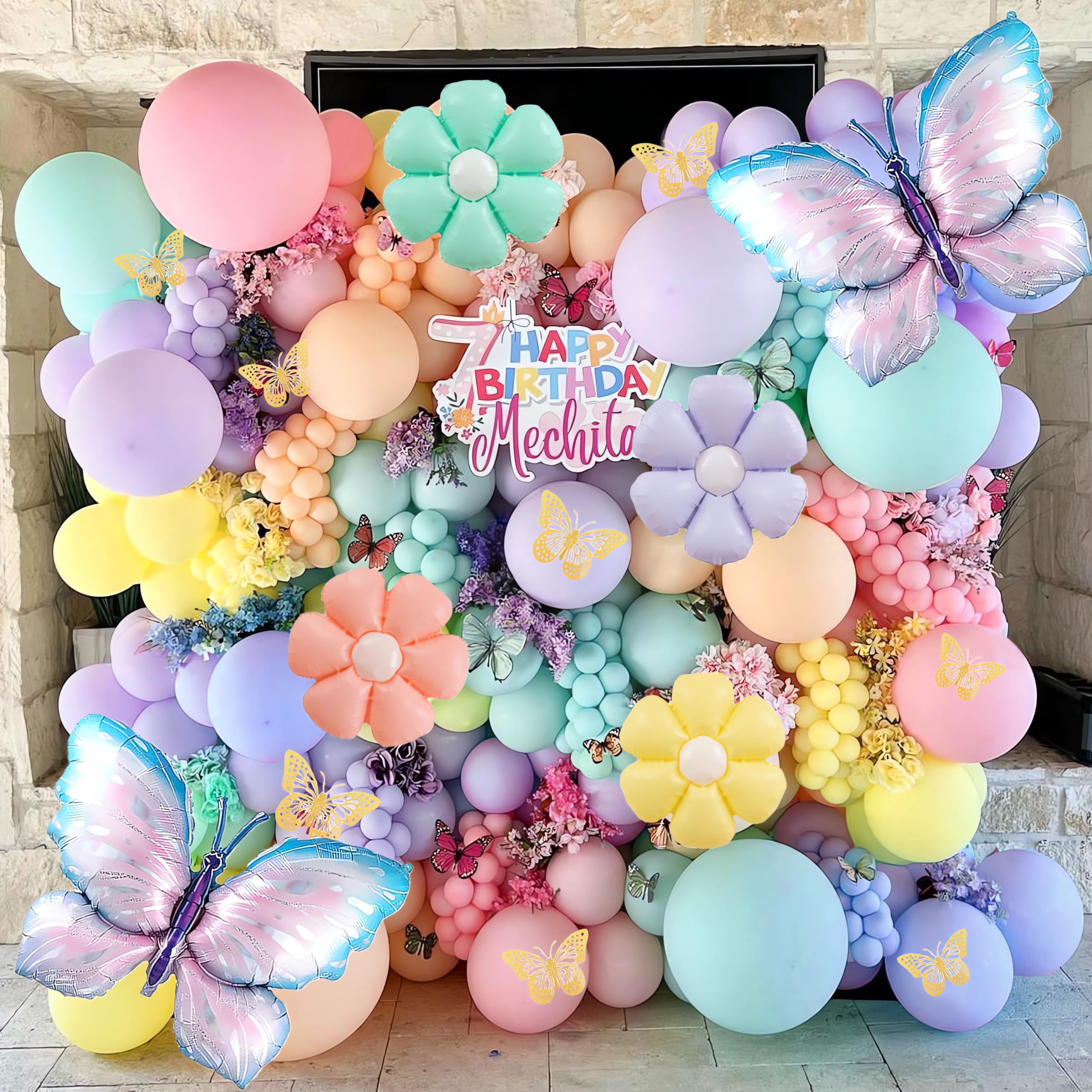 Futureferry Butterfly and Daisy Flower Balloons Arch Garland Kit 164Pcs Pastel Purple Green Yellow Pink Orange Balloons with Butterfly Stickers for Birthday Party Baby Shower Decorations