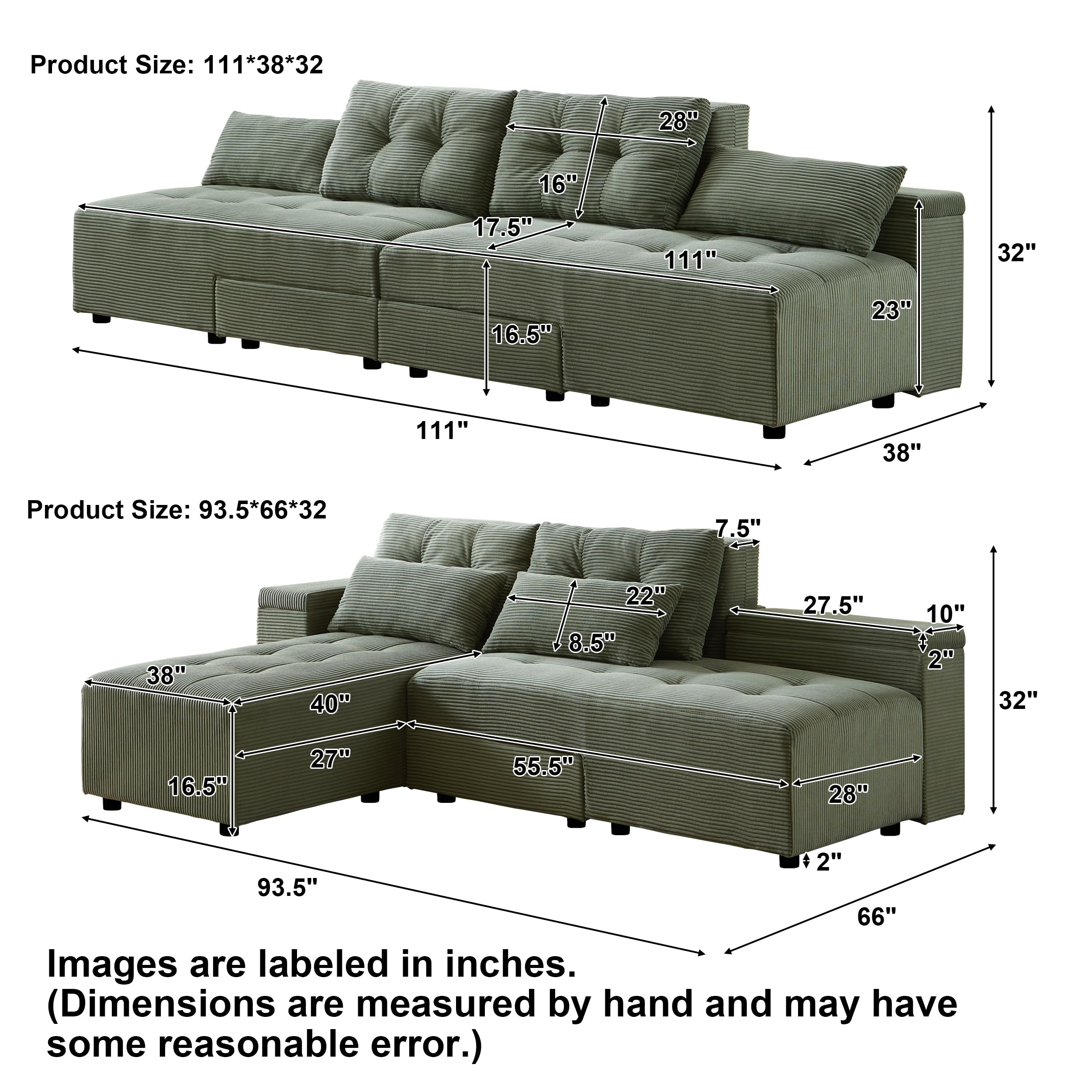 BUIORD 93.5" Convertible Oversize Corduroy 3 in 1 Sleeper & Sectional Sofa,L-Shaped Sofa with 4 Storage Space for Living Room,Pull-Out Sofa Bed with 4 Pillows (Green)