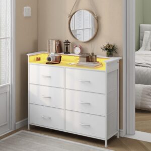 welfuturer white dresser for bedroom with charing station and led light 6 drawer dresser with pu finish fabric chest of drawers for closet living room hallway sturdy steel frame double wooden tabletop