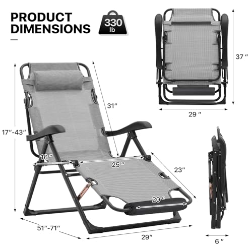 MoNiBloom Lounge Chair Adjustable Patio Chair Steel Frame Outdoor Furniture Recliner Folding Lounge Camping Chair with Headrest for Pool Side Yard Beach, 330lbs Capacity