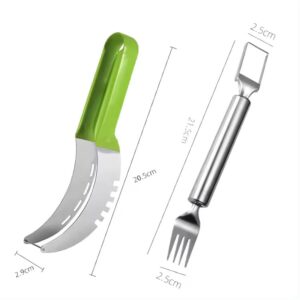 Generic New 2 pcs Set 2-in-1 Stainless Steel Fruit Cutter, Watermelon Melon Cutter with Fork, Tool 2 pcs Watermelon Slicer for Kitchen (Green)