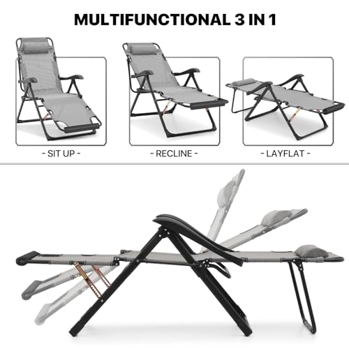 MoNiBloom Lounge Chair Adjustable Patio Chair Steel Frame Outdoor Furniture Recliner Folding Lounge Camping Chair with Headrest for Pool Side Yard Beach, 330lbs Capacity