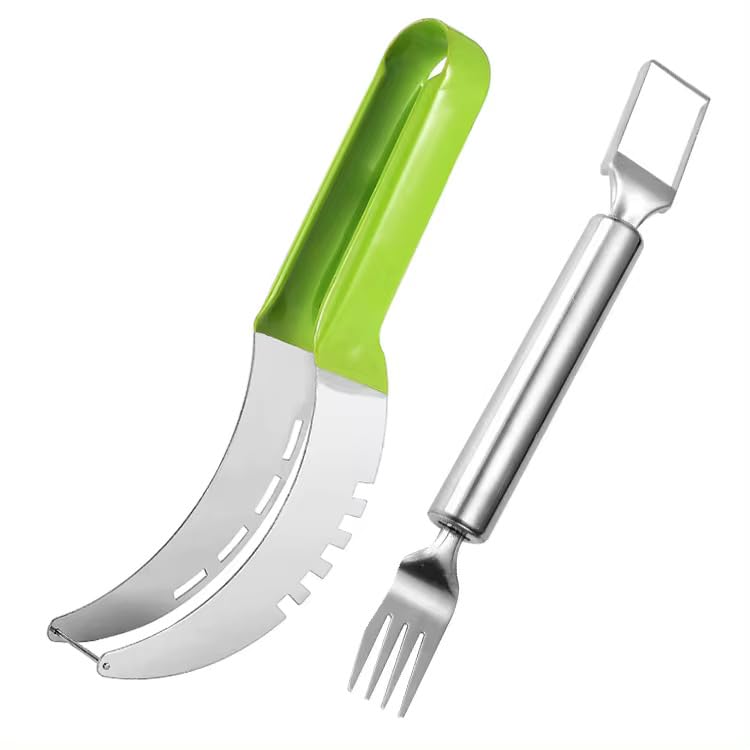 Generic New 2 pcs Set 2-in-1 Stainless Steel Fruit Cutter, Watermelon Melon Cutter with Fork, Tool 2 pcs Watermelon Slicer for Kitchen (Green)