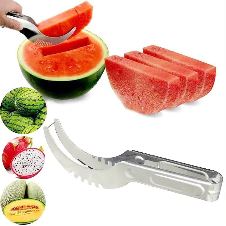 Generic New 2 pcs Set 2-in-1 Stainless Steel Fruit Cutter, Watermelon Melon Cutter with Fork, Tool 2 pcs Watermelon Slicer for Kitchen (Green)