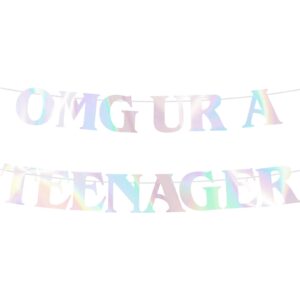 generic iridescent 'omg ur a teenager' banner, 13th birthday party decor for girls, 13 years old birthday sign, happy 13th birthday party supplies