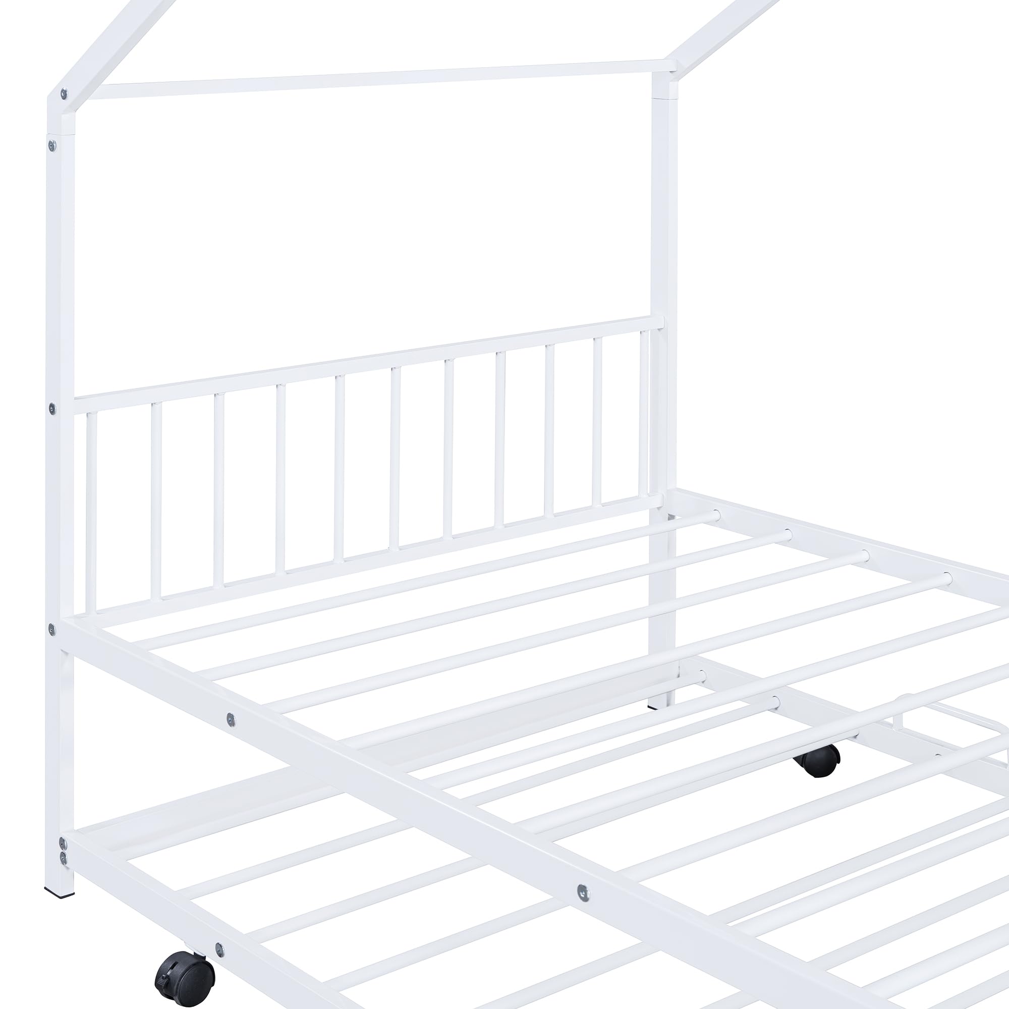 Guxeei Twin Size Metal House Bed, Modern Design Bed Frame with Trundle for Bedroom, Wood Slat Support, No Box Spring Needed, Easy Assembly (White)