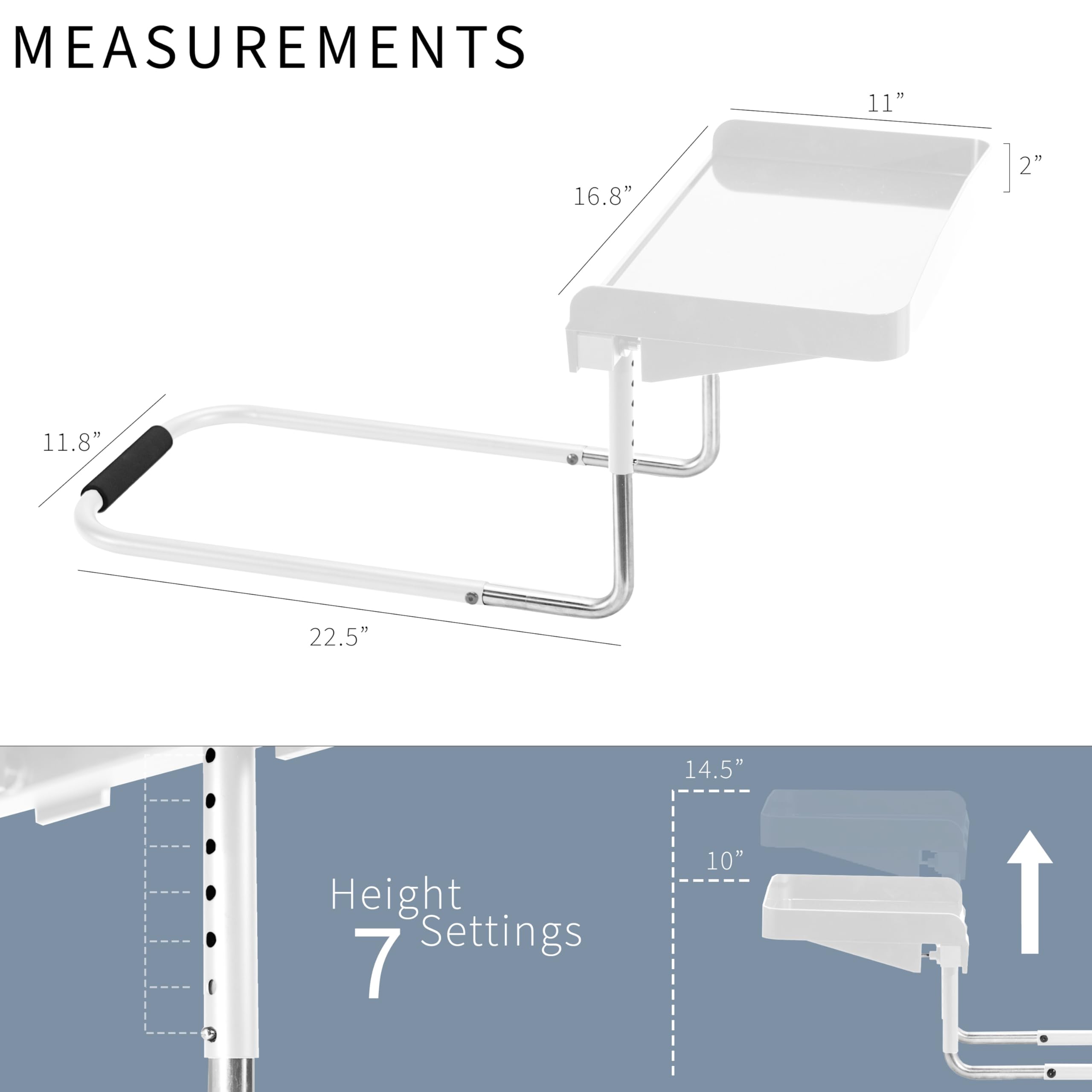 Height Adjustable Under Mattress 17 inch Bedside Shelf, Works with Lofts and Beds Without Frames, Heavy Duty Storage Tray, Fits Laptops, Books, and Drinks, Nightstand Alternative, White