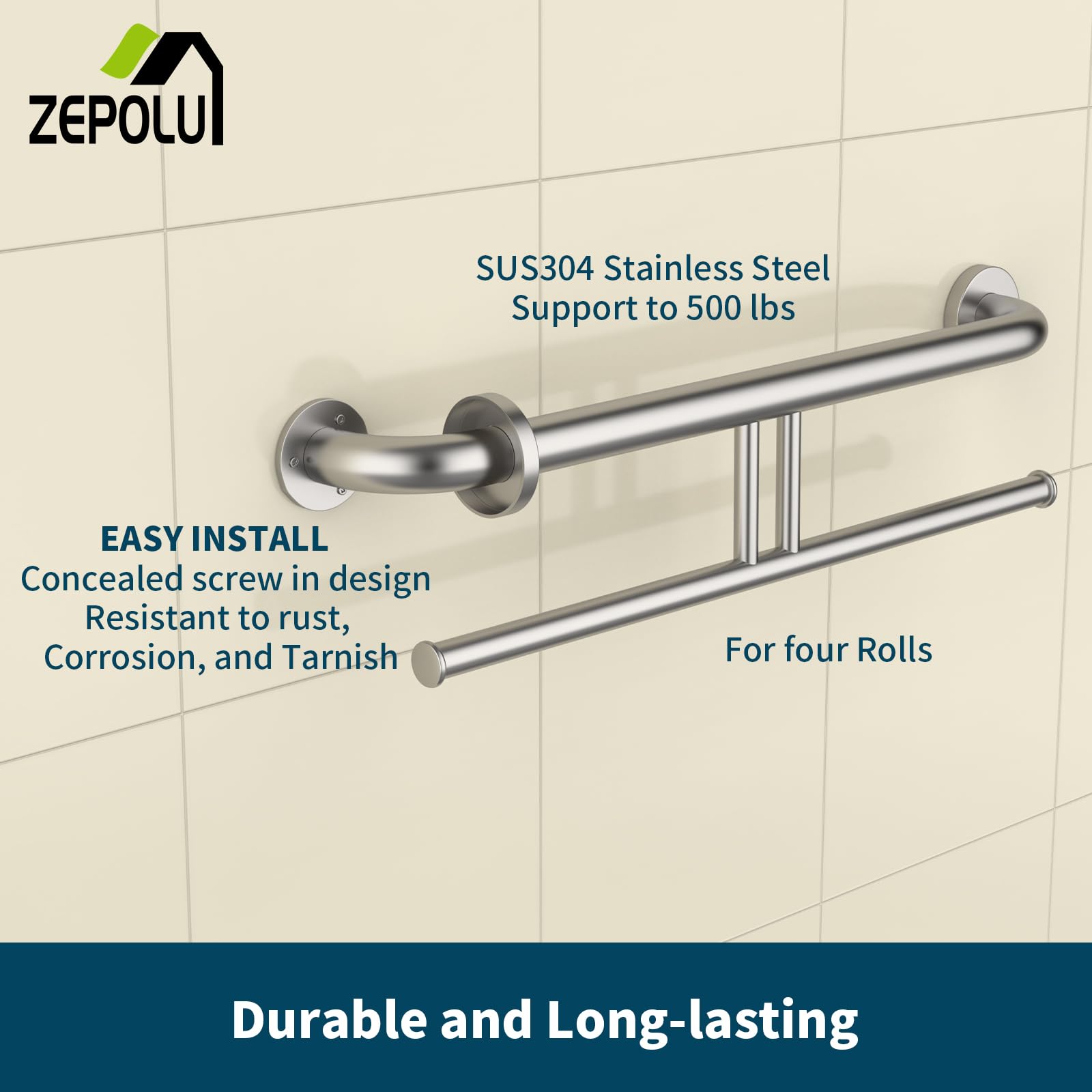 Brushed Nickel Double Toilet Paper Holder w/Safety Bar 24 inch, Zepolu 2-in-1 Assist Bar Balanced Support Handle, Stainless Steel Wall Mounted Bathroom Toilet Grab Bar for Senior Elderly Handicap