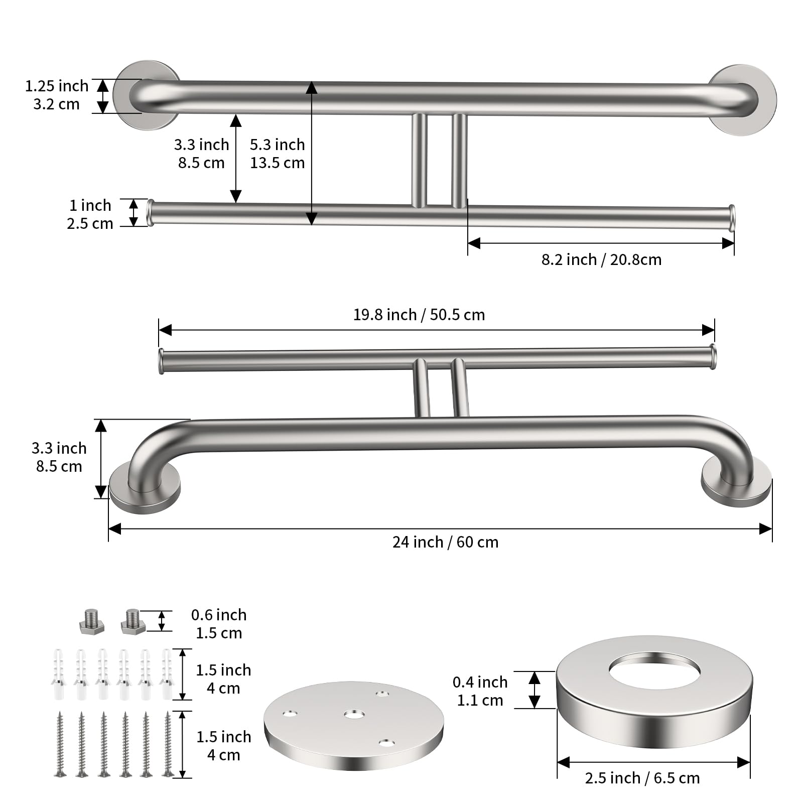 Brushed Nickel Double Toilet Paper Holder w/Safety Bar 24 inch, Zepolu 2-in-1 Assist Bar Balanced Support Handle, Stainless Steel Wall Mounted Bathroom Toilet Grab Bar for Senior Elderly Handicap