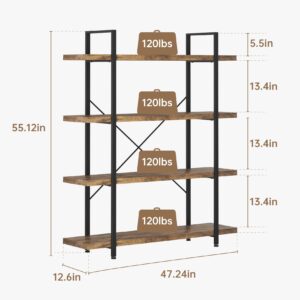 OtterOasis Bookshelf, 4 Tier Book Shelf, Industrial Bookcase for Home and Office, 47" Length Wide Wood Standing Bookshelf Display Open Shelving Rack, Rustic Horizontal Shelves for Living Room Bedroom