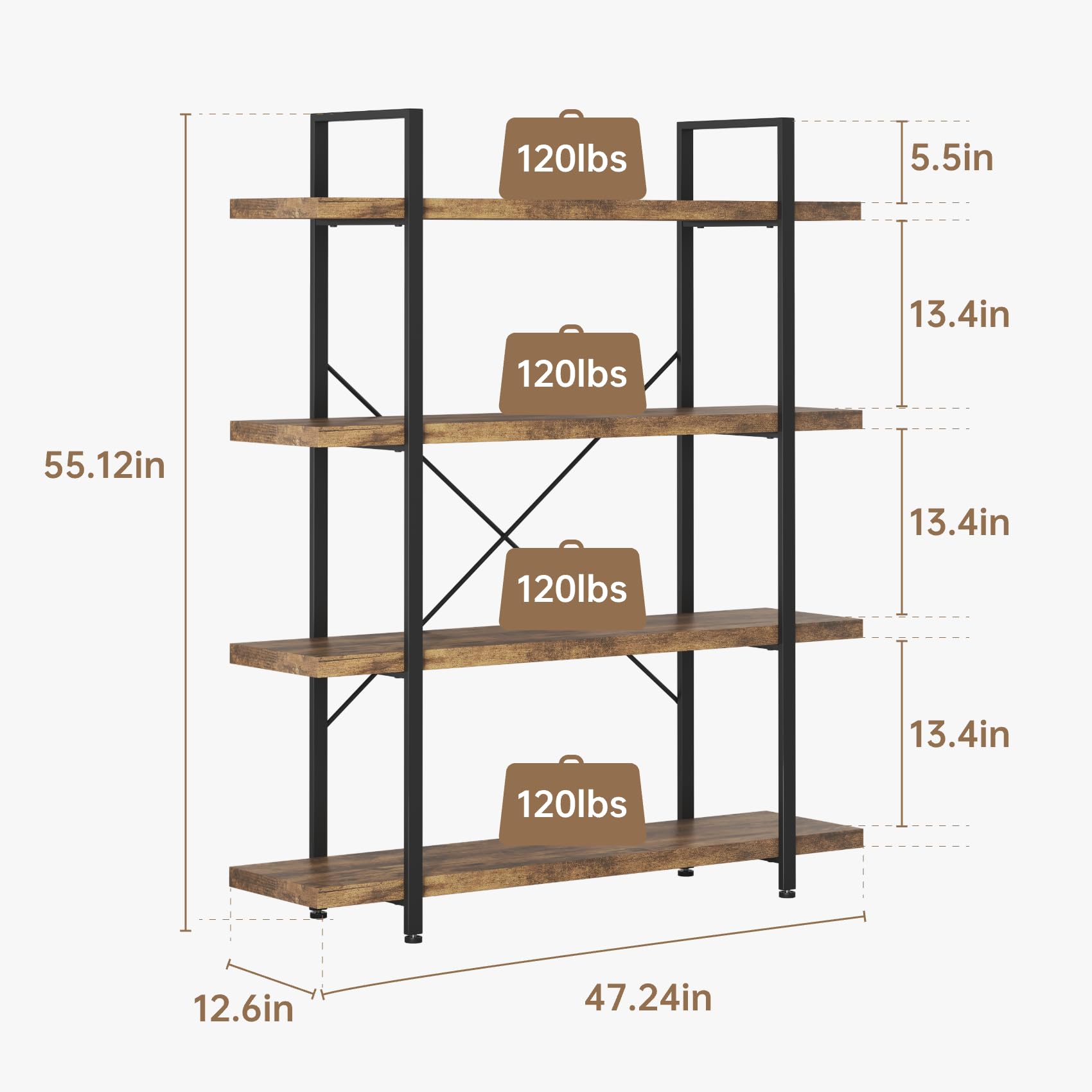 OtterOasis Bookshelf, 4 Tier Book Shelf, Industrial Bookcase for Home and Office, 47" Length Wide Wood Standing Bookshelf Display Open Shelving Rack, Rustic Horizontal Shelves for Living Room Bedroom