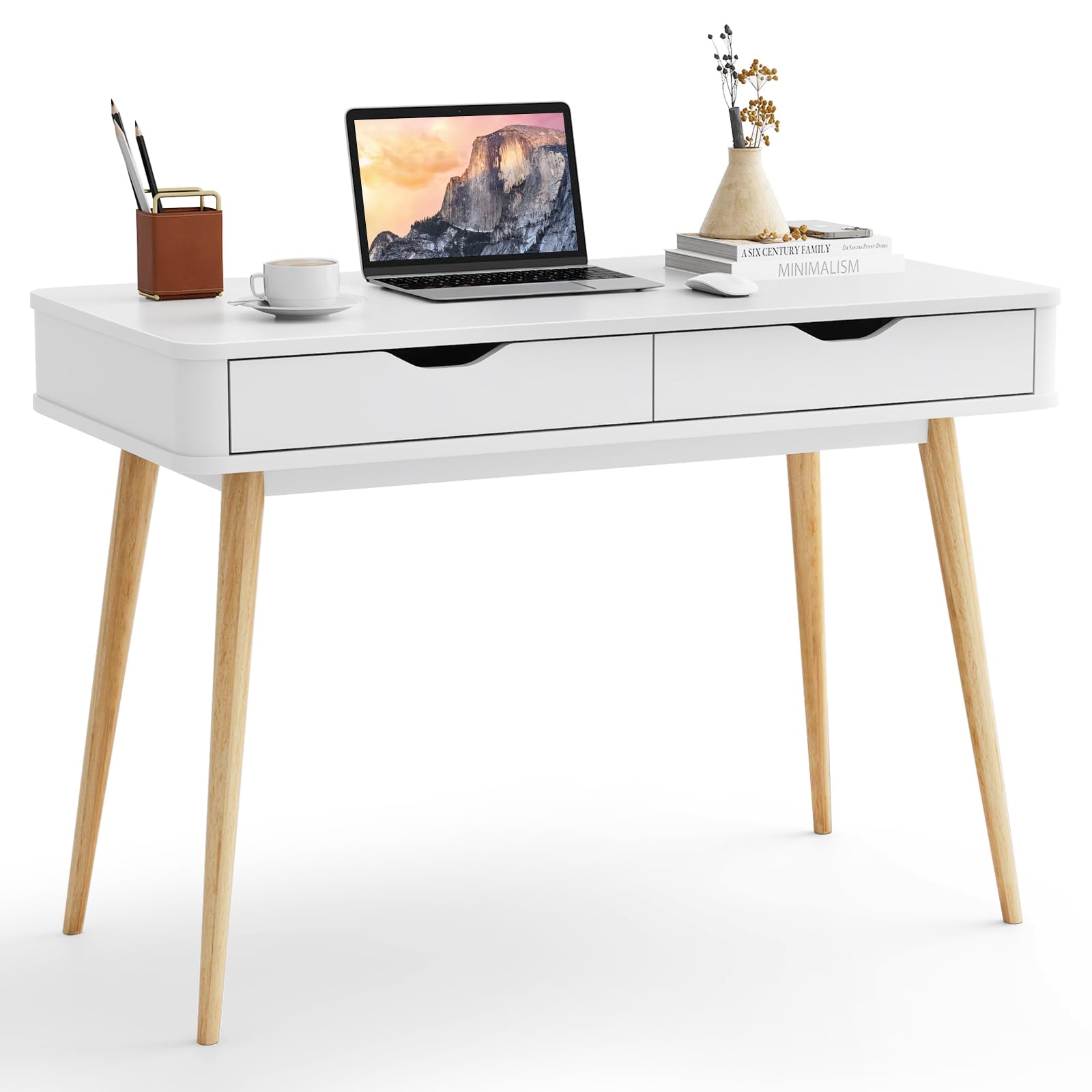 Tangkula Mid Century Desk with 2 Storage Drawers, Modern Writing Study Desk with Rubber Wood Legs, Versatile Home Office Study Desk for Small Space, Vanity Table for Bedroom (White)