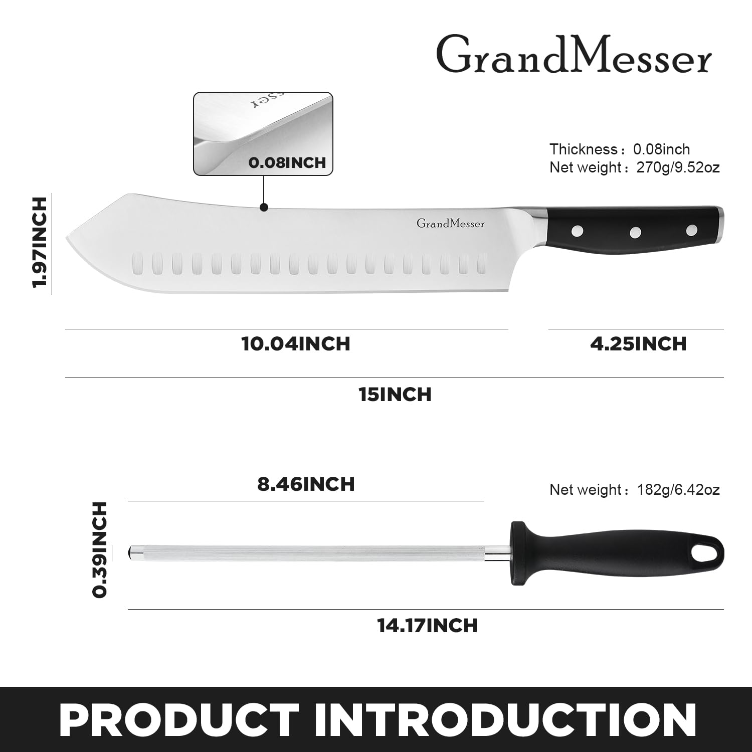 GrandMesser Butcher Knife, 10″ Bullnose Carving Knife & 9″ Sharpening Rod, Full Tang Ergonomic Handle Design, Forged High Carbon Steel, Premium Brisket Slicing Breaking Knife.