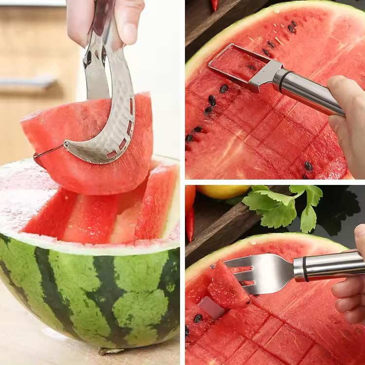 Generic New 2 pcs Set 2-in-1 Stainless Steel Fruit Cutter, Watermelon Melon Cutter with Fork, Tool 2 pcs Watermelon Slicer for Kitchen (Green)