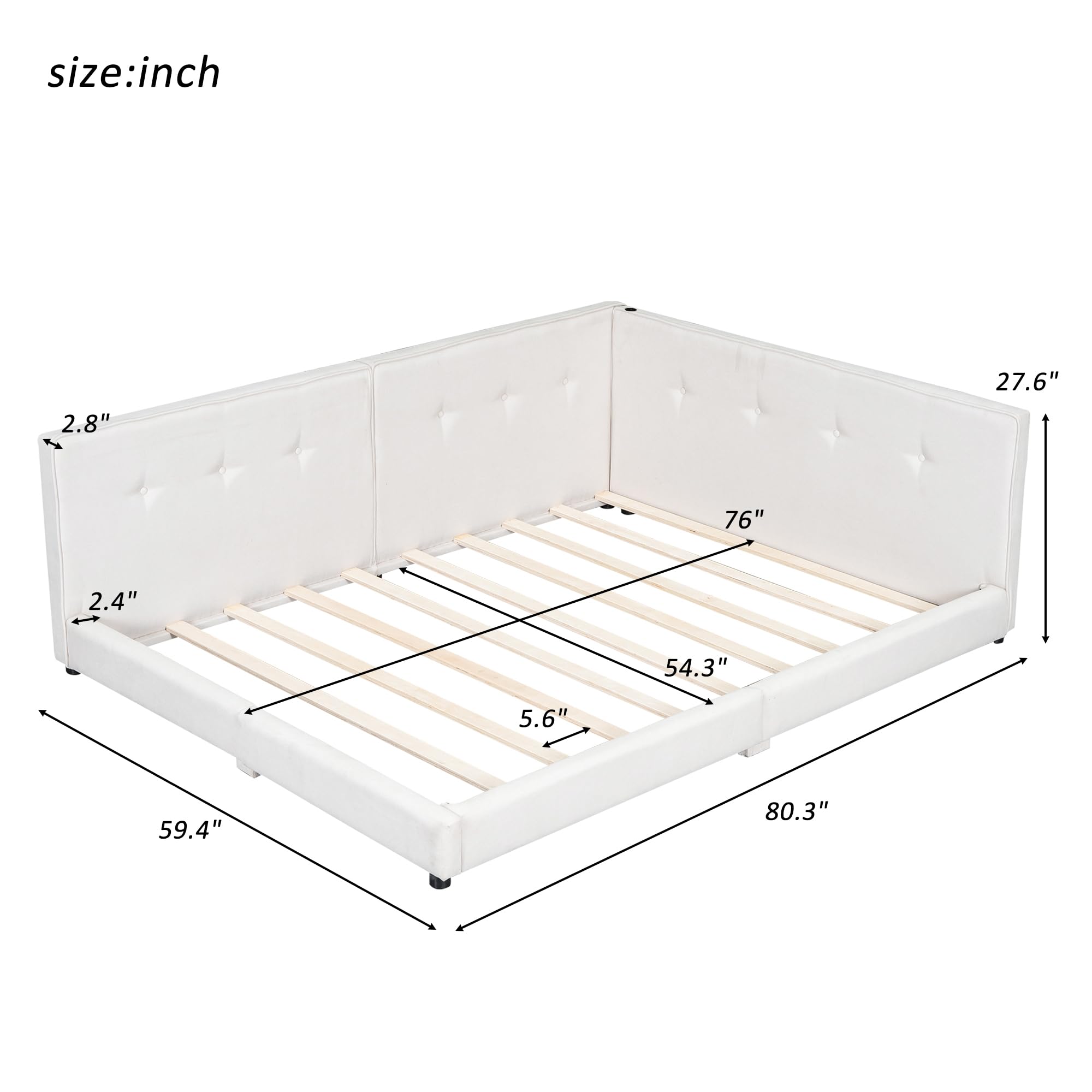 RUNNA Modern Upholstered Full Size Platform Bed with USB Ports, Linen Wooden Daybed/Sofa Bed/Low Floor Bed Frame with Backrests for Boys Girls Teens Adults, Easy to Assemble