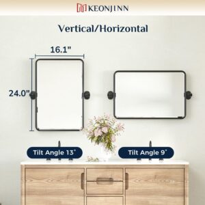 Keonjinn 16 x 24 In Small Pivot Mirror, Black Beveled Tilt Mirror Bathroom Rectangle, Adjustable Tilting Bathroom Mirror for Over Sink, Modern Fixed Bracket Framed Vanity Mirrors (Horizontal/Vertical)