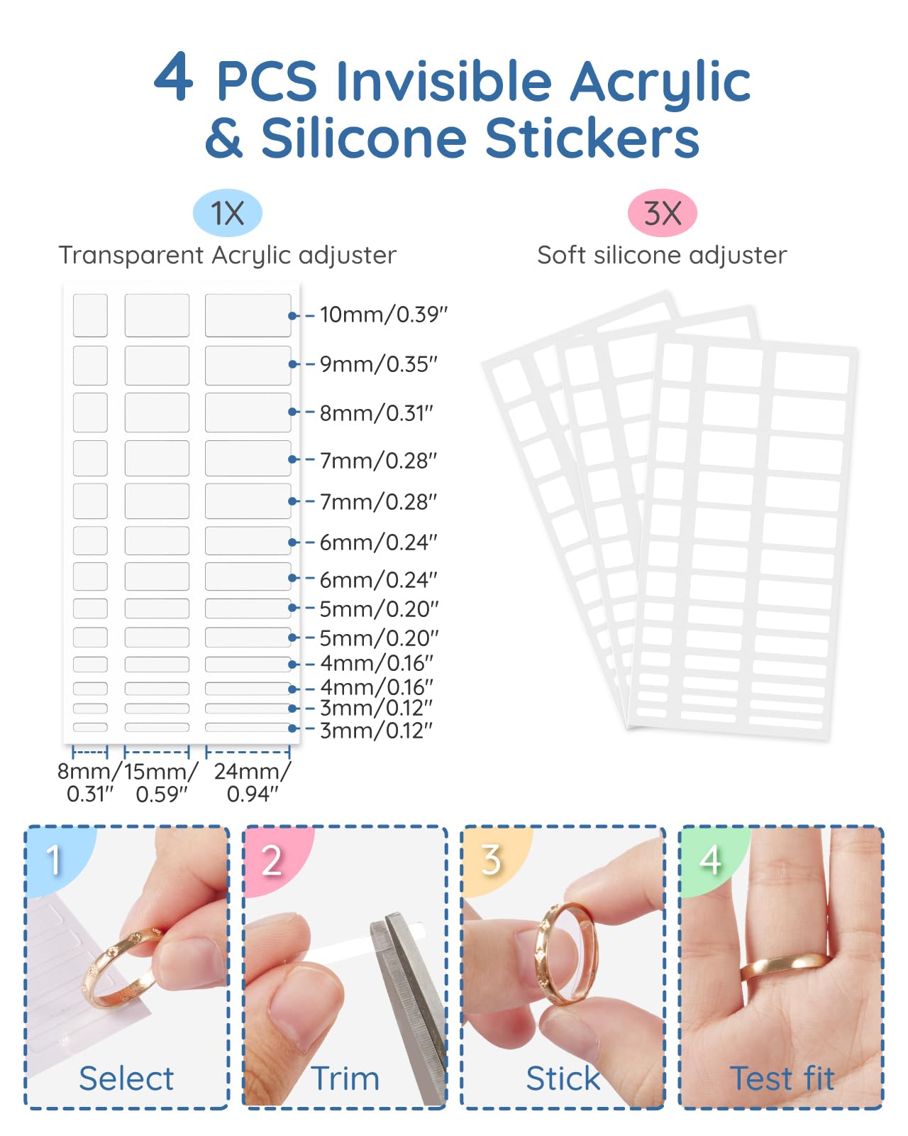 Ring Sizer Adjuster for Loose Rings, 187 Piece Ring Size Adjuster Set, w/16 Plug-in Invisible Ring Adjuster, 12 Spiral Silicone Tightener Set,Fit Any Rings,156 EVA Stickers w/Ring Size Measuring Tool