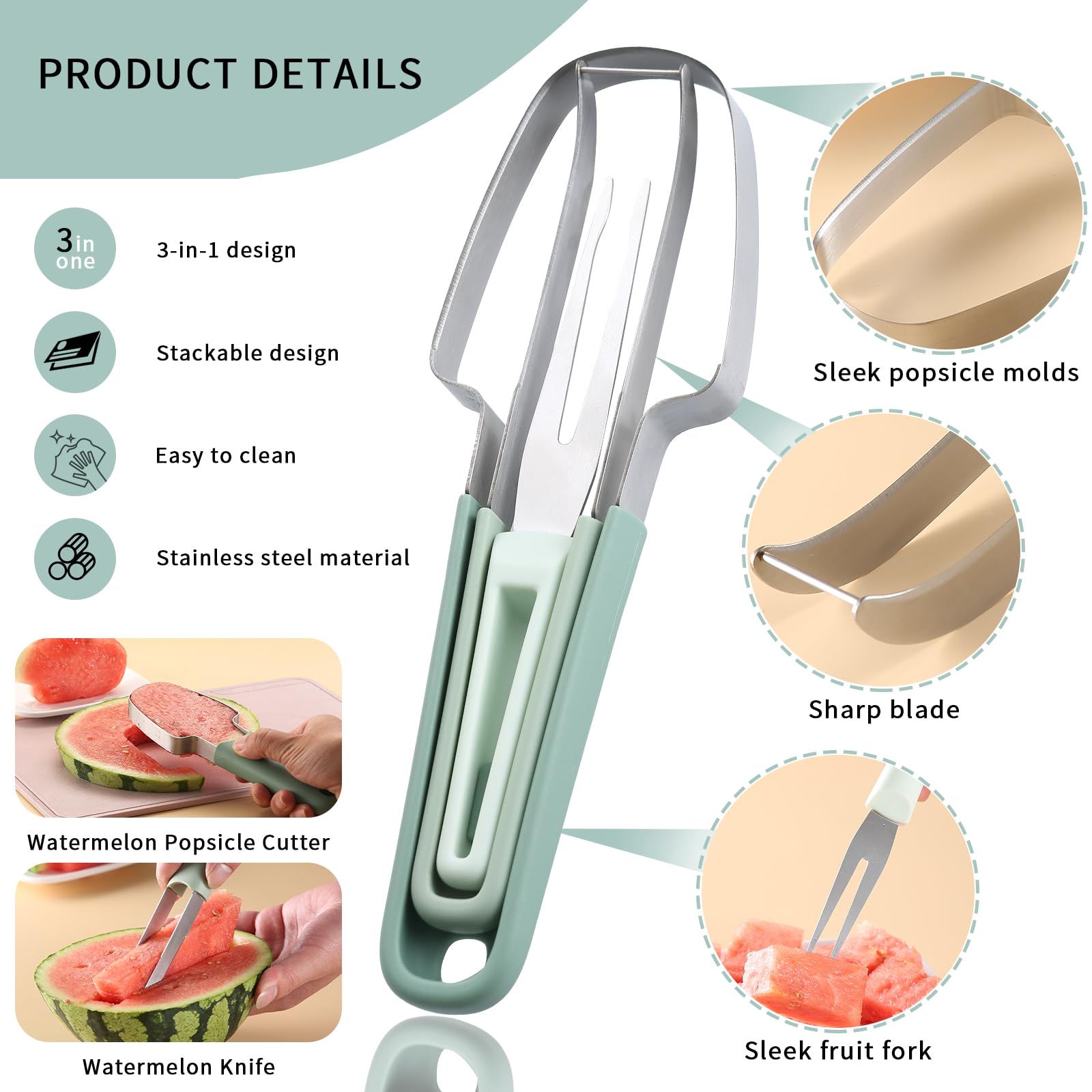 Newvenper 3-in-1 Stainless Steel Watermelon Slicer, Watermelon Popsicle Mold, Portable Watermelon Fork Watermelon Slicing Tool, Multifunctional Kitchen Gadgets