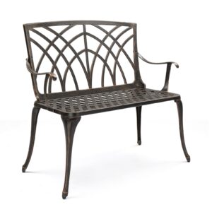 vingli 38" outdoor bench cast aluminium garden bench, orchid porch bench patio bench deck furniture for 1-2 person seat(bronze)