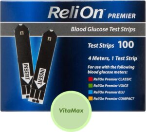 generic relion premier blood glucose test strips | blood glucose test strips | test strips for diabetes | blood sugar test strips | diabetic test strips | reli on premier test strips 100 count, black