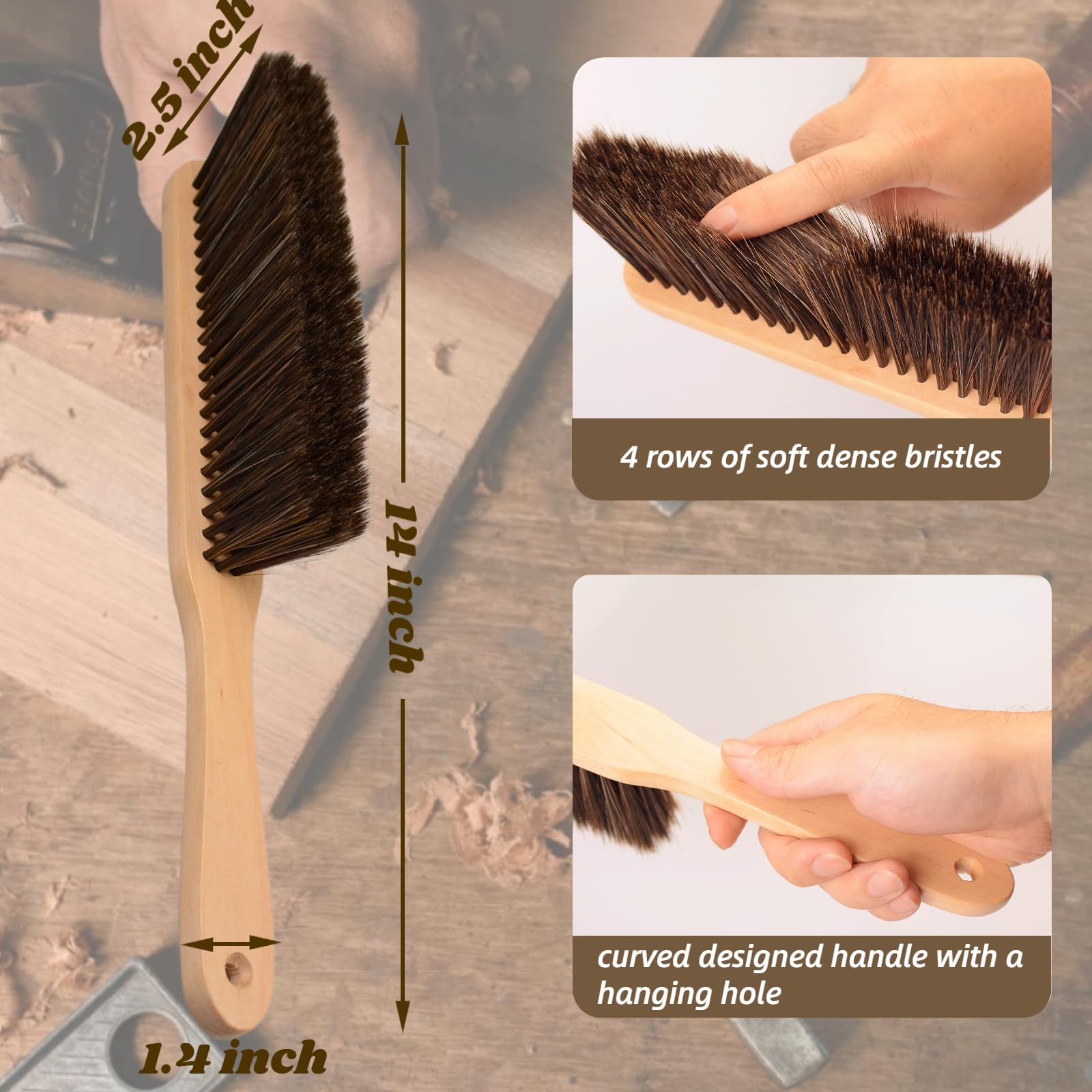 Woooden Hand Whisk Broom Small Hand Broom Dust Brush with Wood Handle Bench Brush Soft Bristle Broom for Couch Car Fireplace Bed Household Cleaning(Brown)