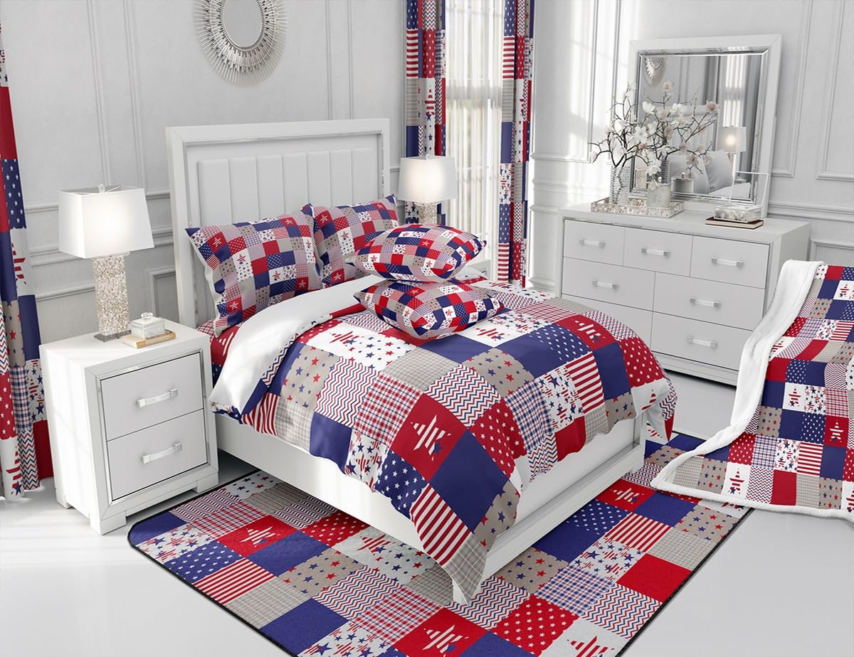 Feelyou Patriotic 4th of July Bedding Set King Size Americana Stars Plaid Duvet Cover 100% Cotton for Adults Women Men Independence Day Comforter Cover Set Red Blue Bedspread Cover 3Pcs,No Comforter