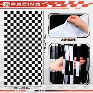 WovWeave 2 Pack Race Car Backdrops Birthday Party Decorations Checkered Backdrop Black and White Foil Fringe Curtains for Race Car Birthday Fast Wheels Lightning Party Decoration Banner Photo Prop