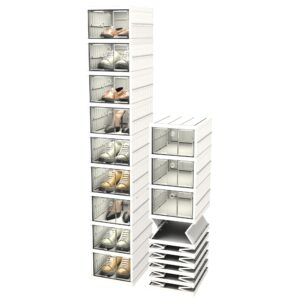 lacusmall collapsible shoe organizer with doors,9 tiers stackable shoe organizer for closet,no assembly sturdy clear collapsible shoe cabinet for living room bedroom(white)