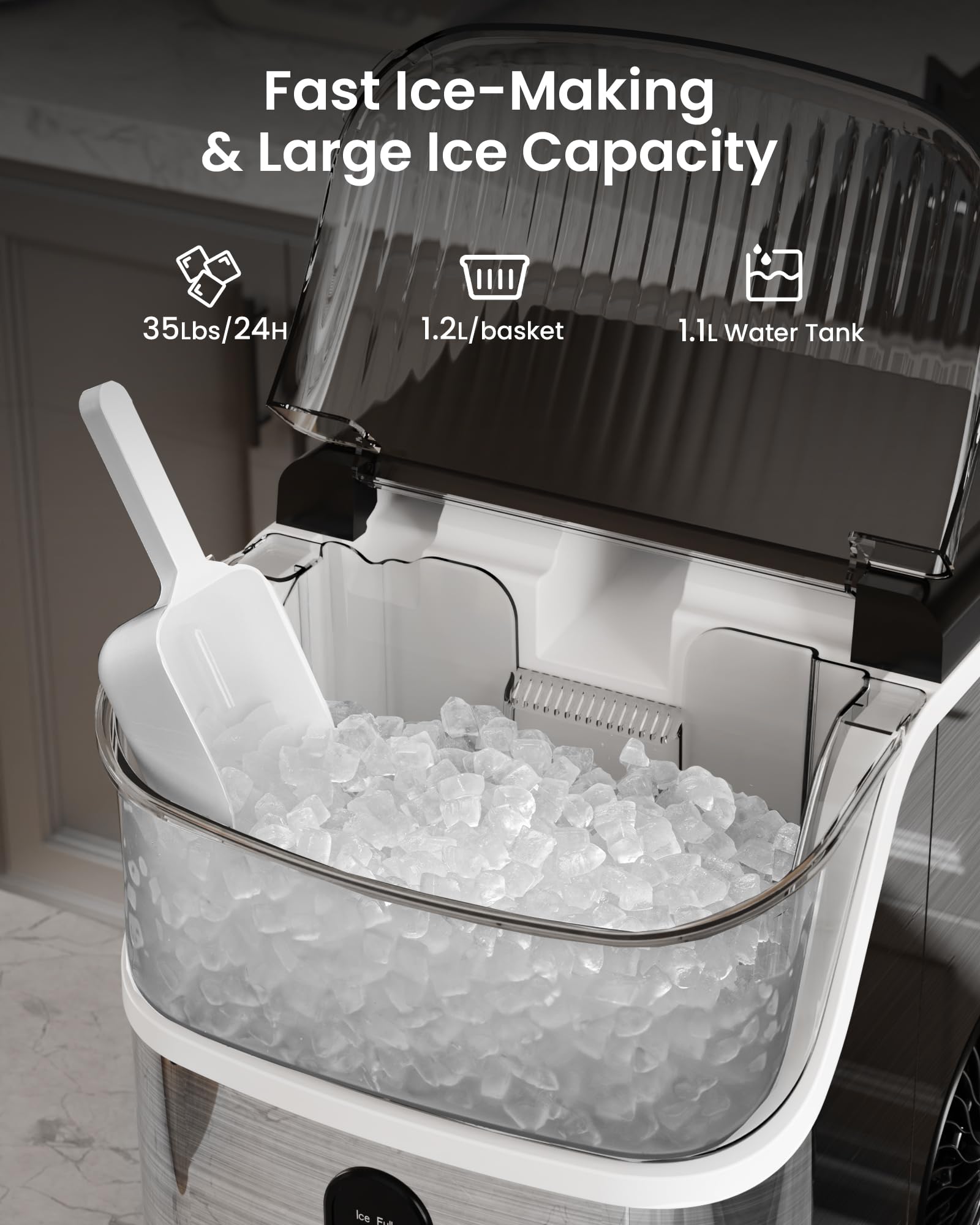 AGLUCKY Nugget Ice Maker Countertop,35Lbs/24H Pebble Ice Maker with Chewable Ice,Self-Cleaning Pellet Ice Maker with Ice Scoop,One-Click Operation,for Home/Kitchen/Office(Silver)