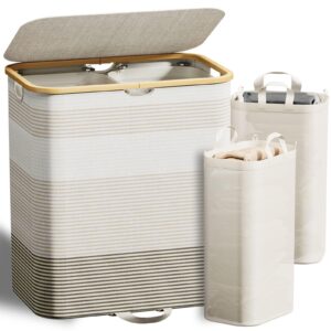 xlhomo double laundry hamper with lid and removable bags, 150l large collapsible 2 dividers dirty clothes basket with handles, beige double laundry basket organizer for bedroom,laundry room,college