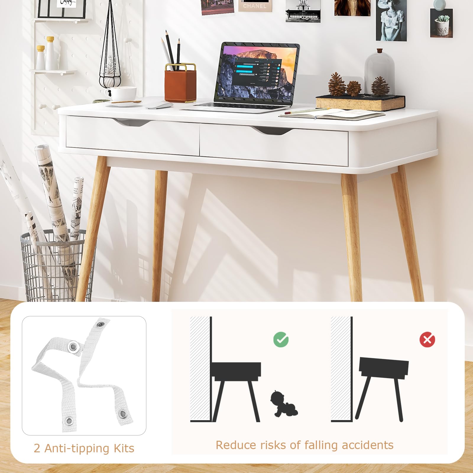 Tangkula Mid Century Desk with 2 Storage Drawers, Modern Writing Study Desk with Rubber Wood Legs, Versatile Home Office Study Desk for Small Space, Vanity Table for Bedroom (White)