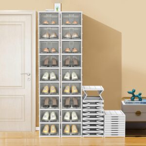 Lacusmall Collapsible Shoe Organizer with Doors,9 Tiers Stackable Shoe Organizer for Closet,No Assembly Sturdy Clear Collapsible Shoe Cabinet for Living Room Bedroom(White)