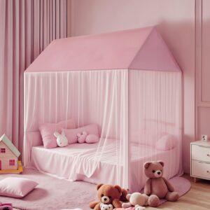 ZRVTM Princess Bed Canopy - Play Tent Bed Canopy Princess Castle Dreamy Playhouse Mosquito Net for Girls Reading Nook Canopies Breathable Canopy Bed Curtains for Kids(Twin,Pink)