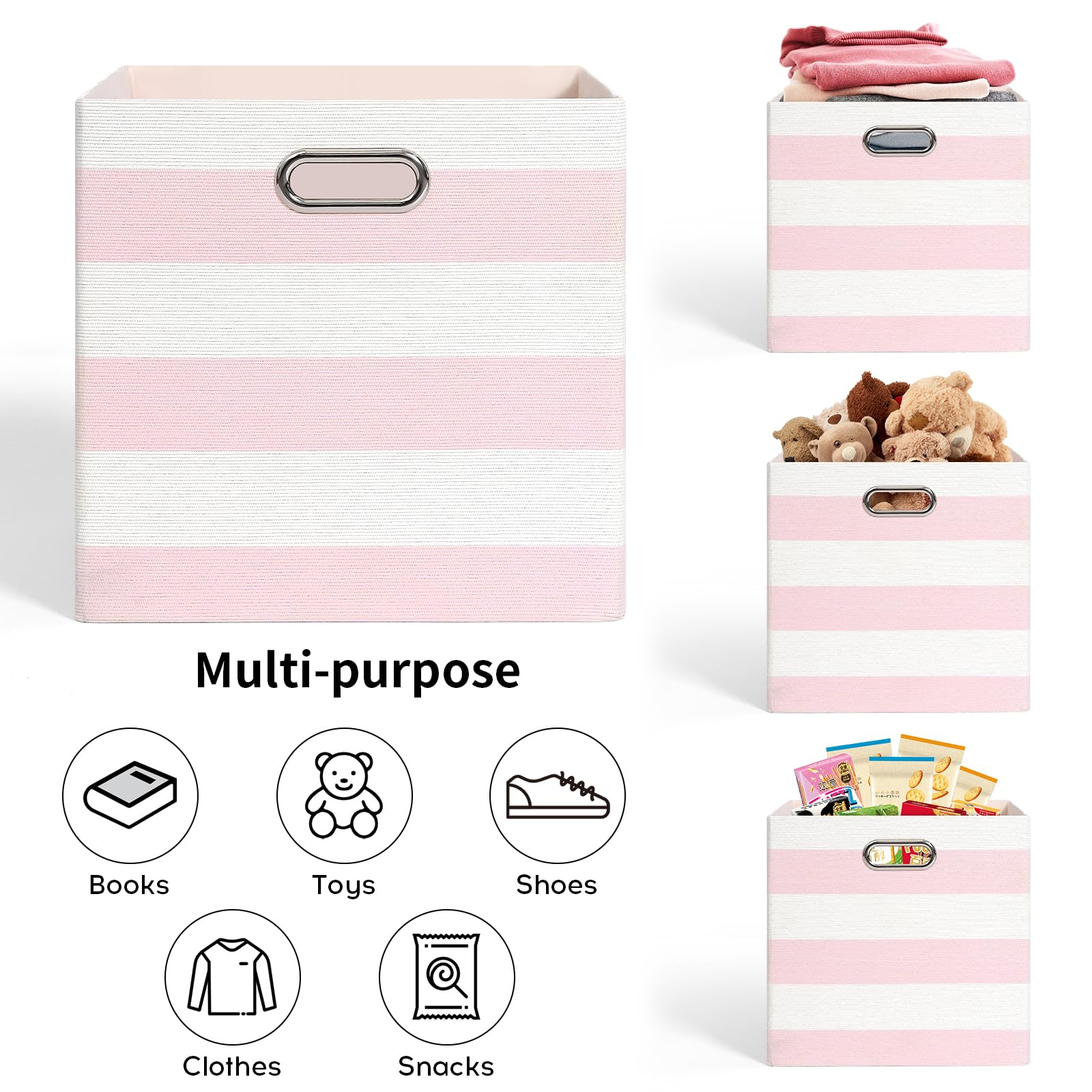 13x13 Collapsible Storage Bins, Cubby Storage Boxes with Handles for Organizing Shelf Closet, Offices, Home Decor, 4 Pack, Pink-white Stripes