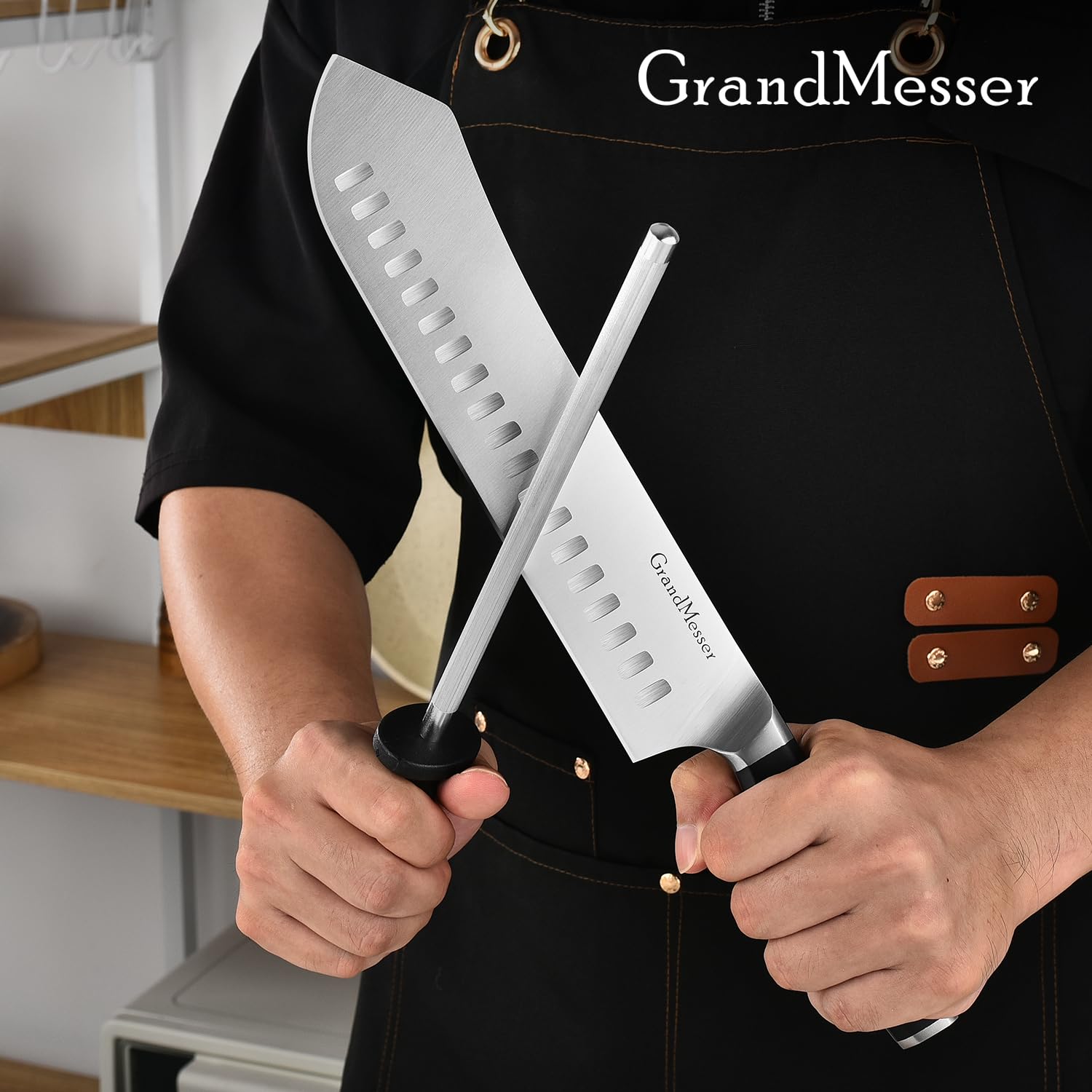 GrandMesser Butcher Knife, 10″ Bullnose Carving Knife & 9″ Sharpening Rod, Full Tang Ergonomic Handle Design, Forged High Carbon Steel, Premium Brisket Slicing Breaking Knife.