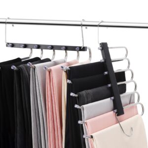 abarackie hangers for clothes, hangers space saving 6 tier pant hangers, hangers for clothes for pants jeans skirts scarf legging, anti-slip, stainless steel, 2 packs, black