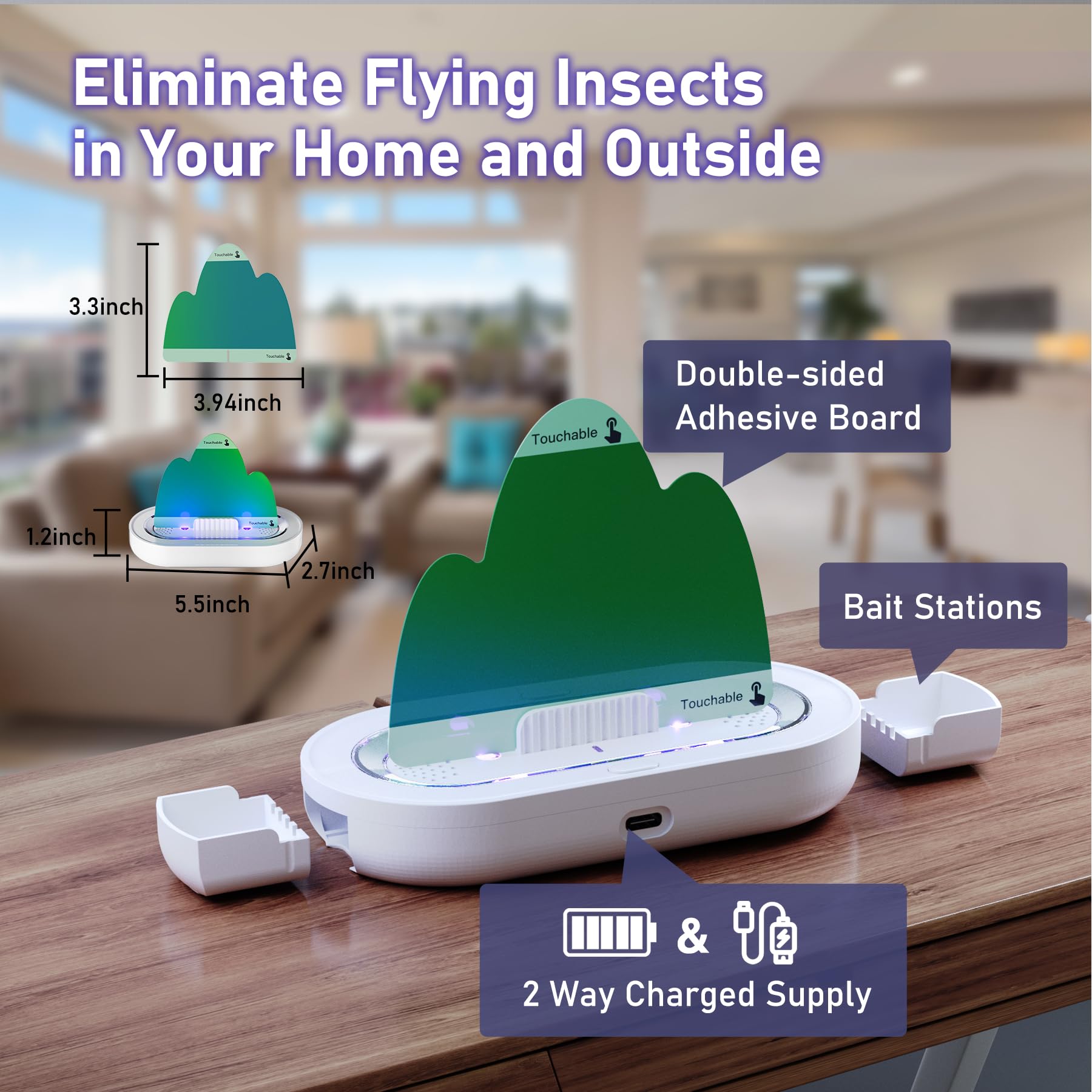 CritterTec Fly Traps, Rechargeable Battery Operated Flying Insect Trap for Indoor and Outdoor Use, 2 Pack Gnat Killer Traps with Customizable Bait and 10 Sticky Boards