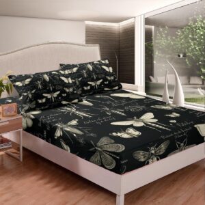 Butterfly Moth Insects Fitted Sheet Twin Size,Bug Beetles Entomological Bed Sheet for Kids Boys Teens Men Bedroom Decor,Nature Animal Bedding Set Retro Black Brown Deep Pocket Sheet,1 Pillowcase