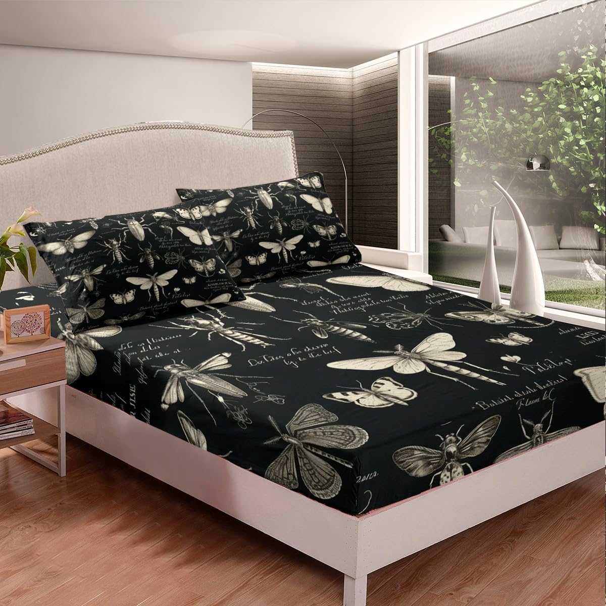 Butterfly Moth Insects Fitted Sheet Twin Size,Bug Beetles Entomological Bed Sheet for Kids Boys Teens Men Bedroom Decor,Nature Animal Bedding Set Retro Black Brown Deep Pocket Sheet,1 Pillowcase