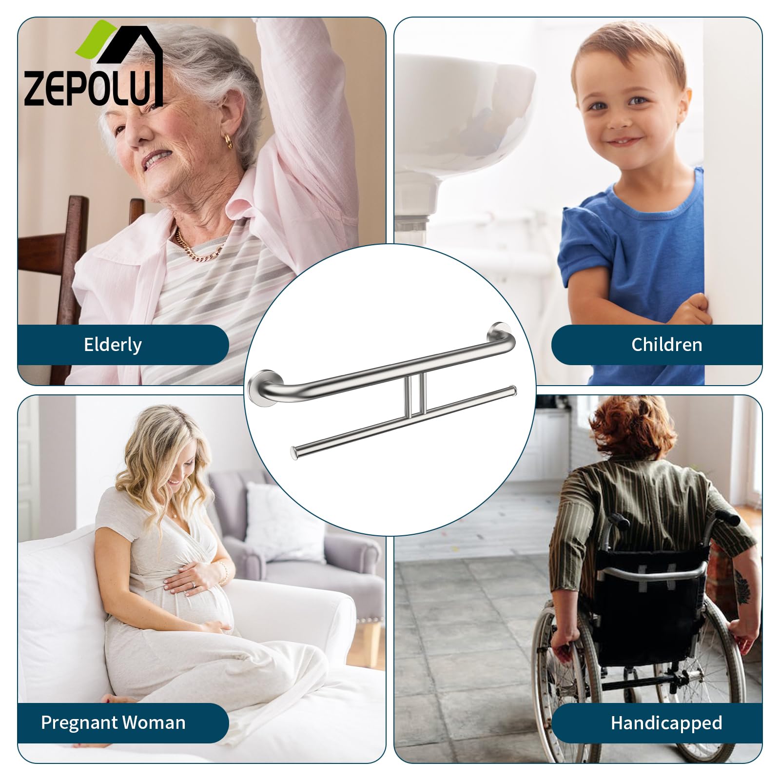 Brushed Nickel Double Toilet Paper Holder w/Safety Bar 24 inch, Zepolu 2-in-1 Assist Bar Balanced Support Handle, Stainless Steel Wall Mounted Bathroom Toilet Grab Bar for Senior Elderly Handicap